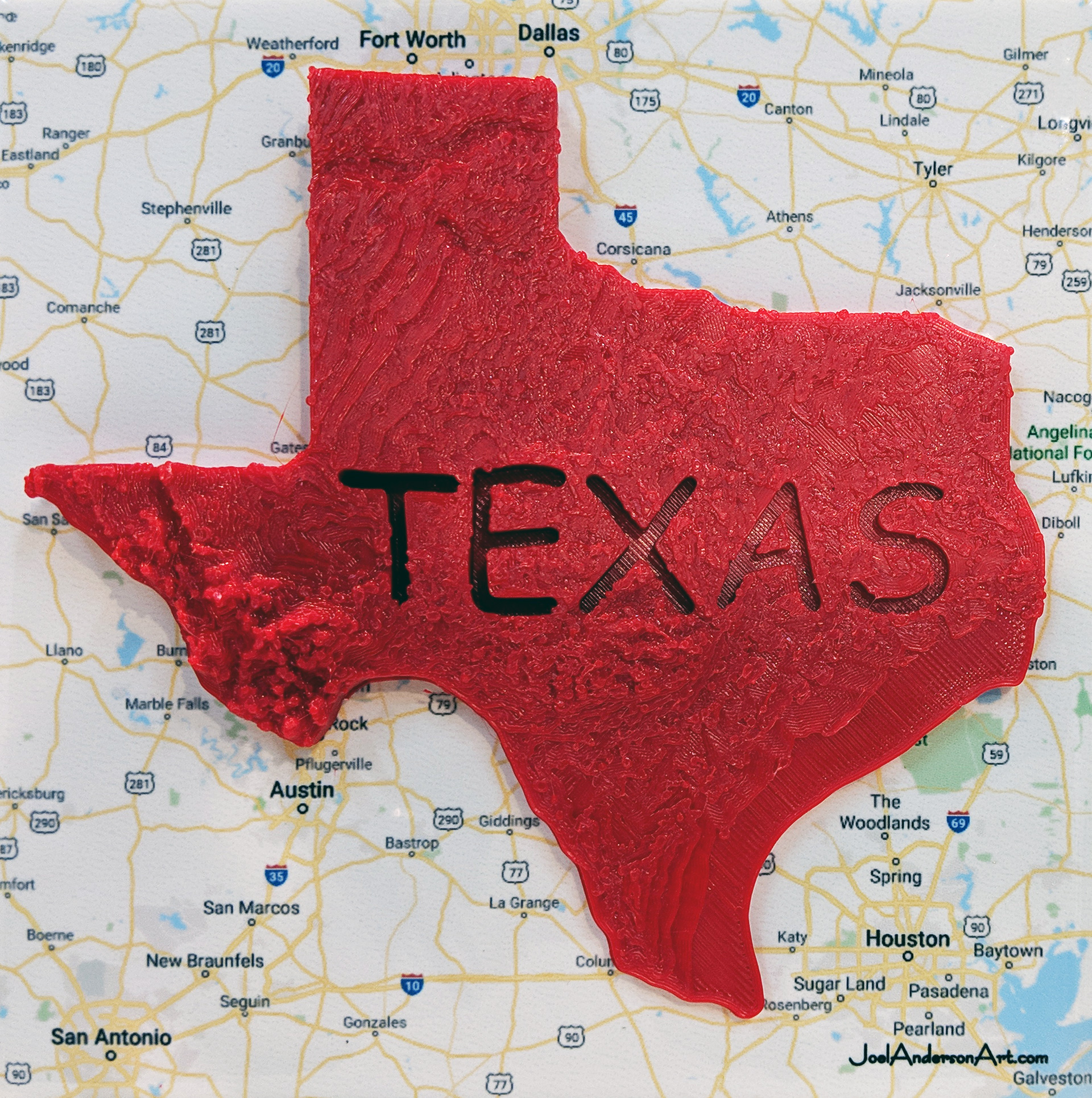 Texas Elevation Map over Central Texas tile - Red - Joel Anderson Art